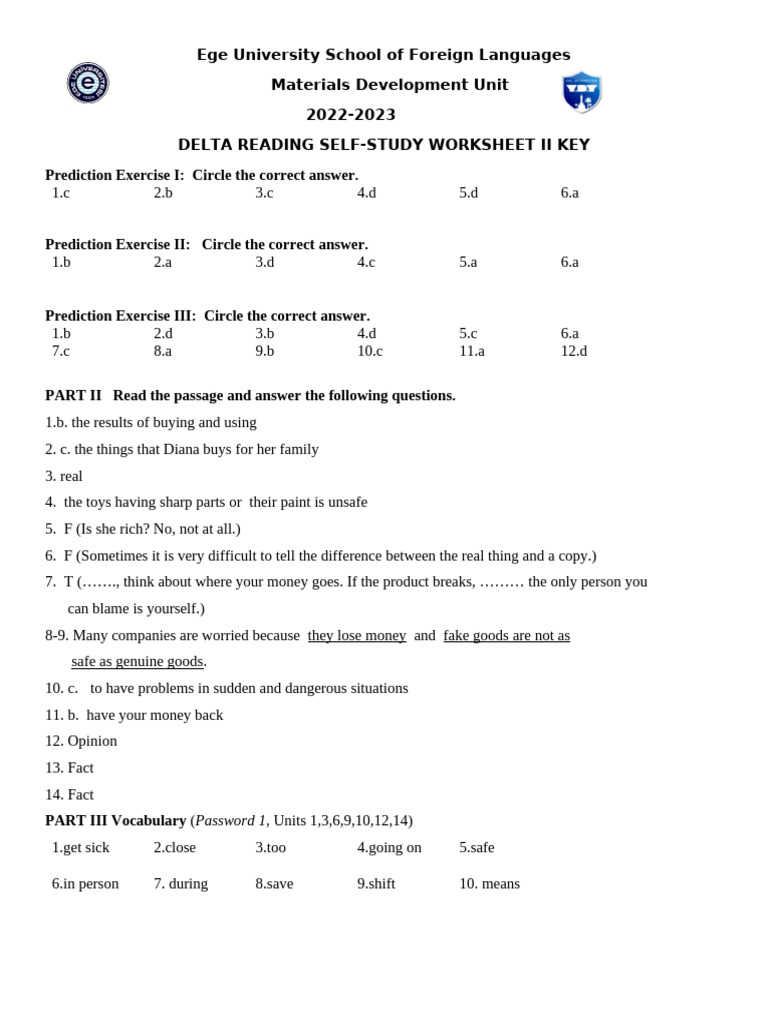 Delta Reading Worksheet 2 KEY | PDF