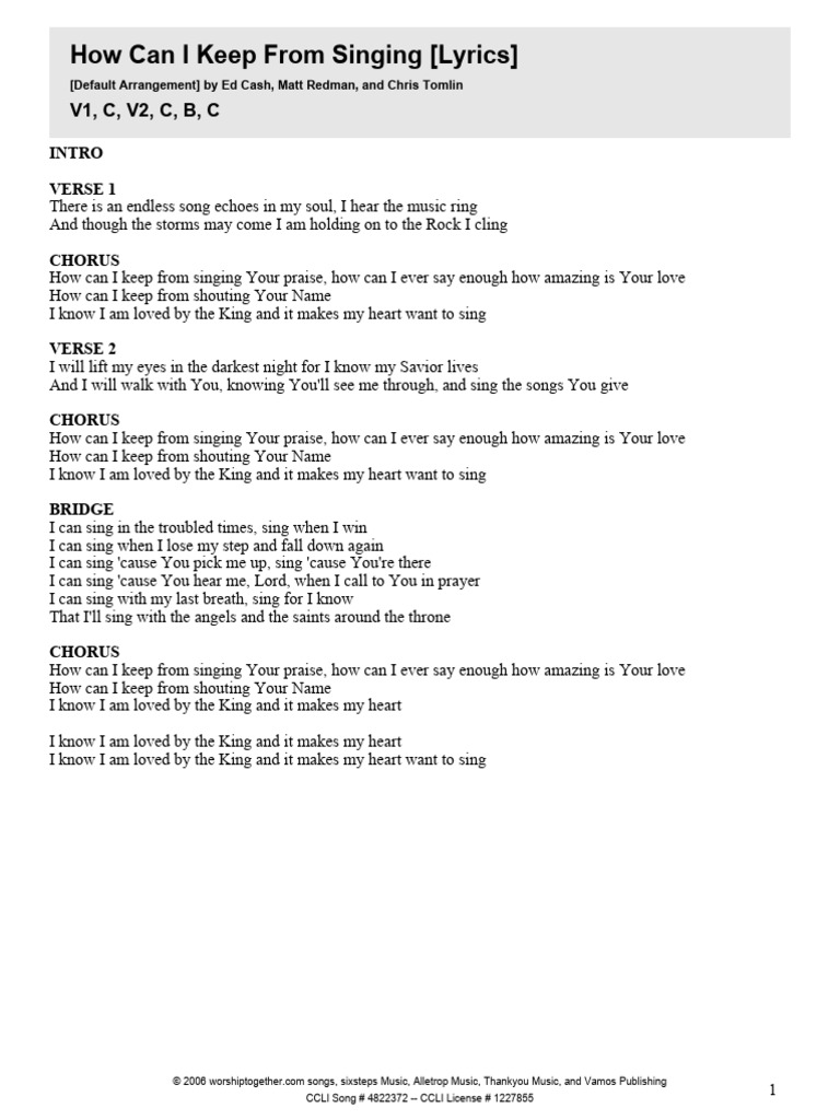 How Can I Keep From Singing Lyrics Pdf