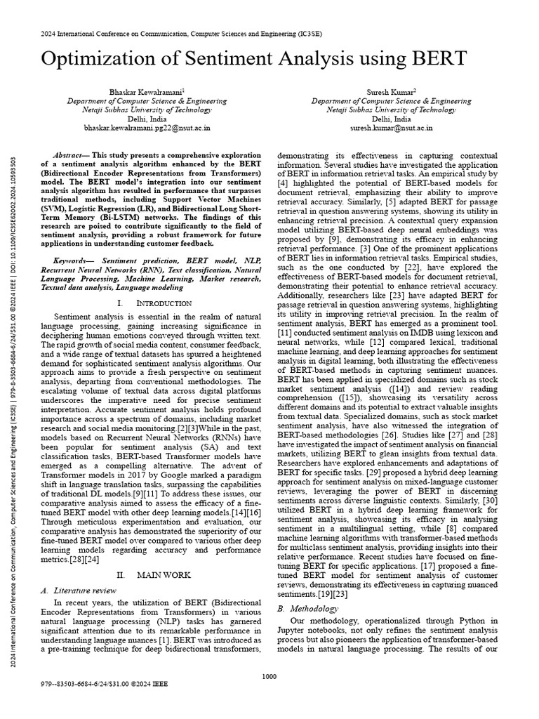 Optimization of Sentiment Analysis Using BERT | PDF | Cognitive Science | Computational Neuroscience