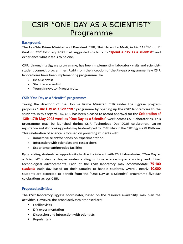 Concept Note One Day As A Scientist v.5 | PDF | Science