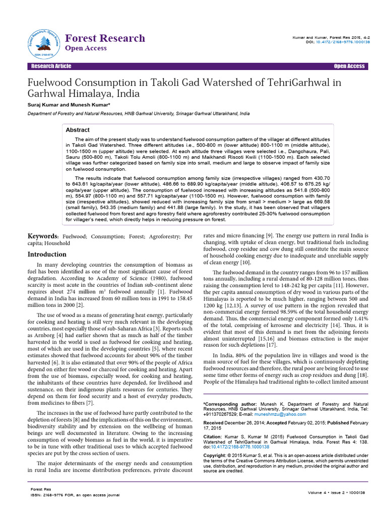 Fuelwood Consumption in Takoli Gad Watershed of Tehrigarhwal in Garhwal ...