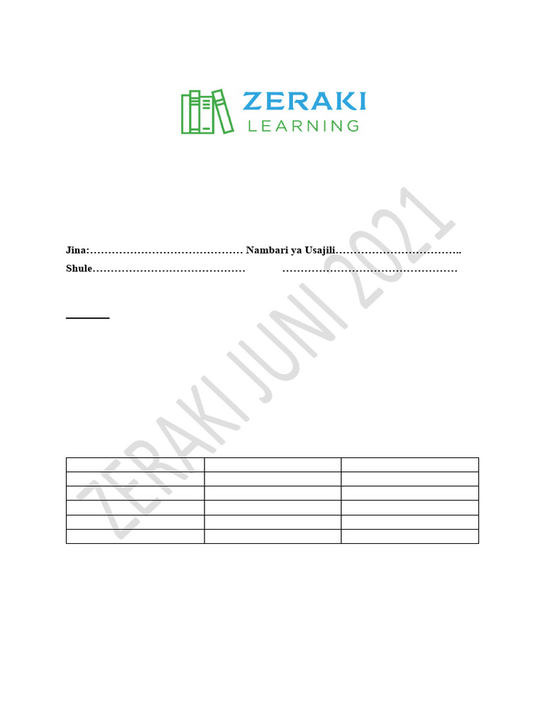 Kiswahili Form 1 - Zeraki Achievers 3.0 - Question Paper | PDF