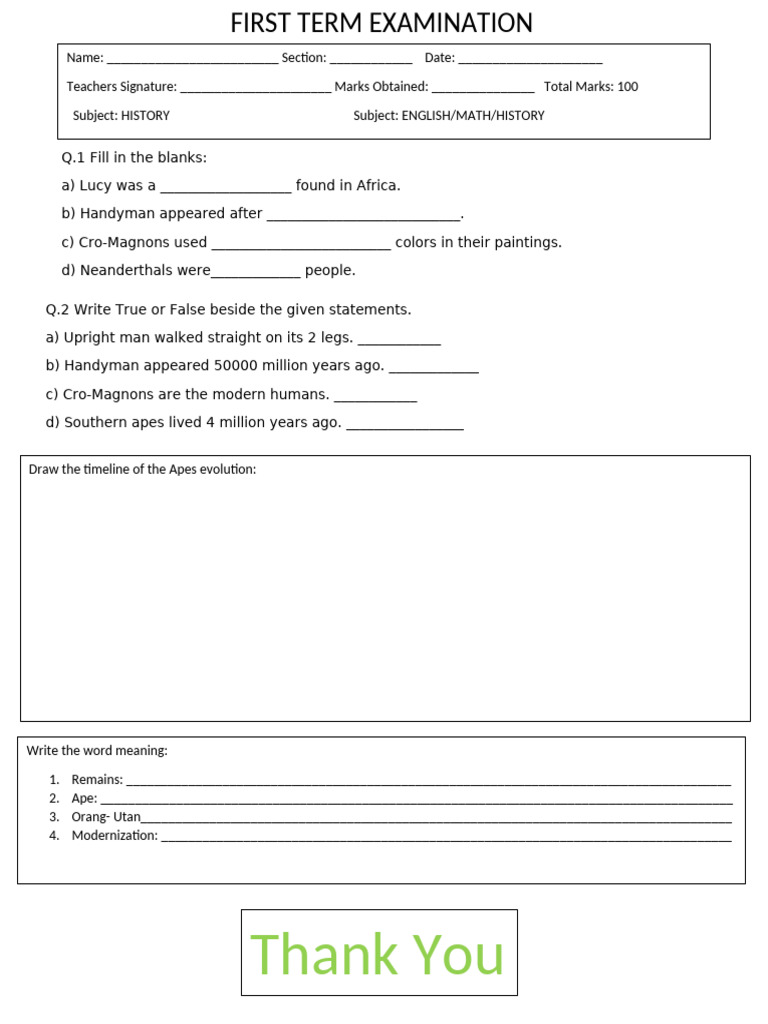 HISTORY EXAM About Human Evolution | PDF