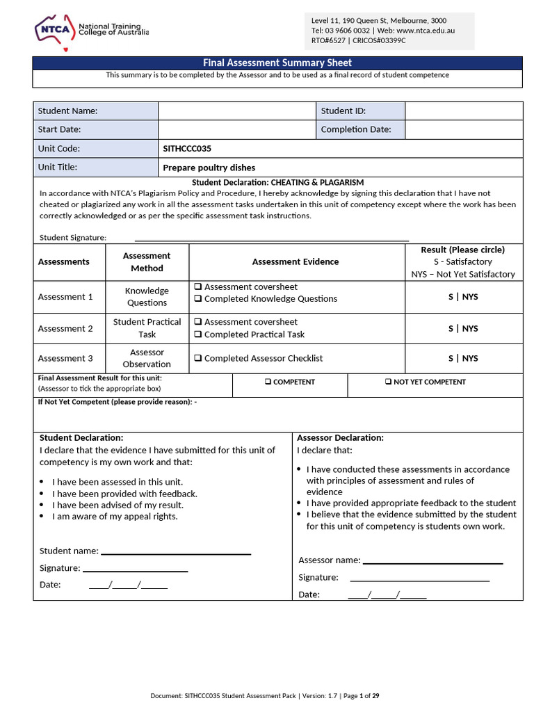 SITHCCC035 Poultry Dishes Assessment Pack | PDF | Cooking | Roasting