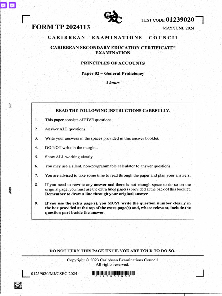 CSEC Principles of Accounts P2 2024 MJ-1 | PDF | Net Income | Expense