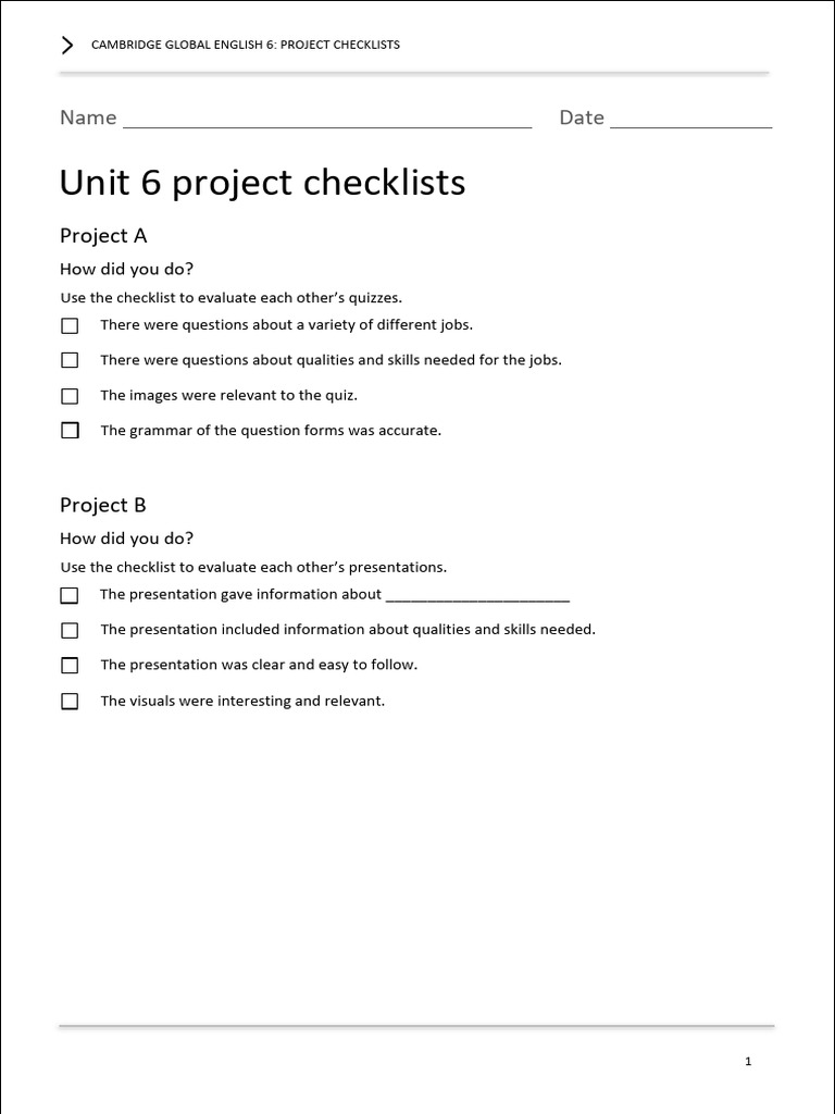 Project Checklists for Unit 6 | PDF
