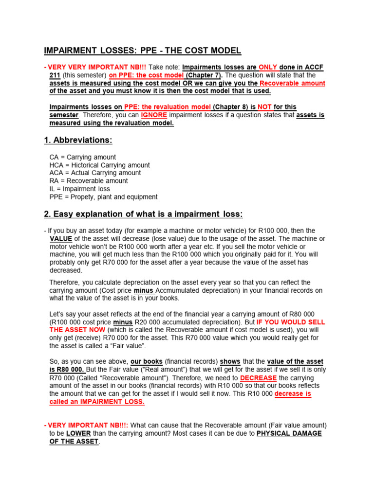Summary PPE Cost Model - Impairment Losses | PDF | Depreciation | Expense