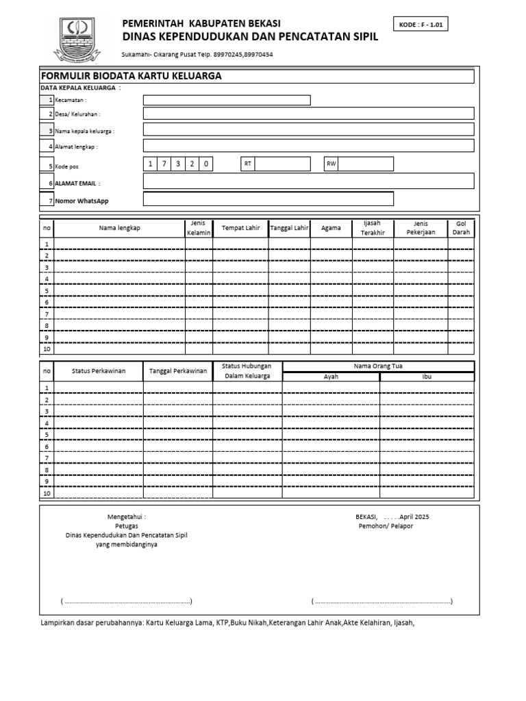 Panduan Formulir F1.01 Kartu Keluarga | PDF