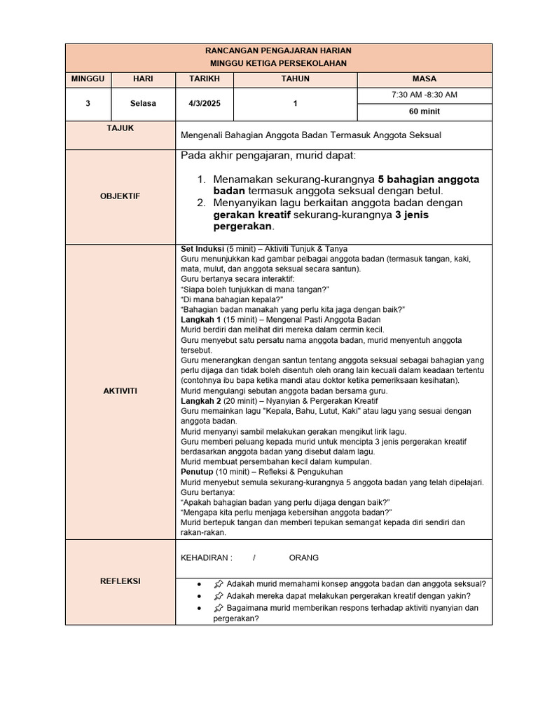 RPH SJKT (Selasa 4 Mac 2025) Minggu Ke 3 Ahmad Safwan Bin Ismail | PDF