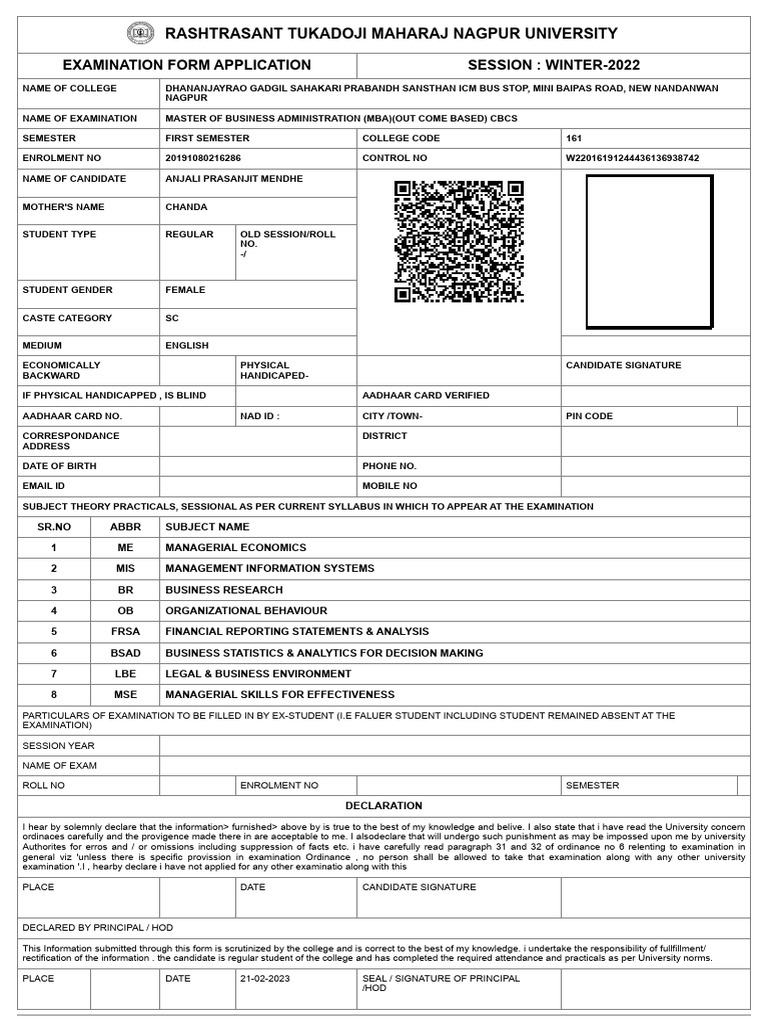 1st Sem Exam Form W-22 | PDF | Master Of Business Administration ...