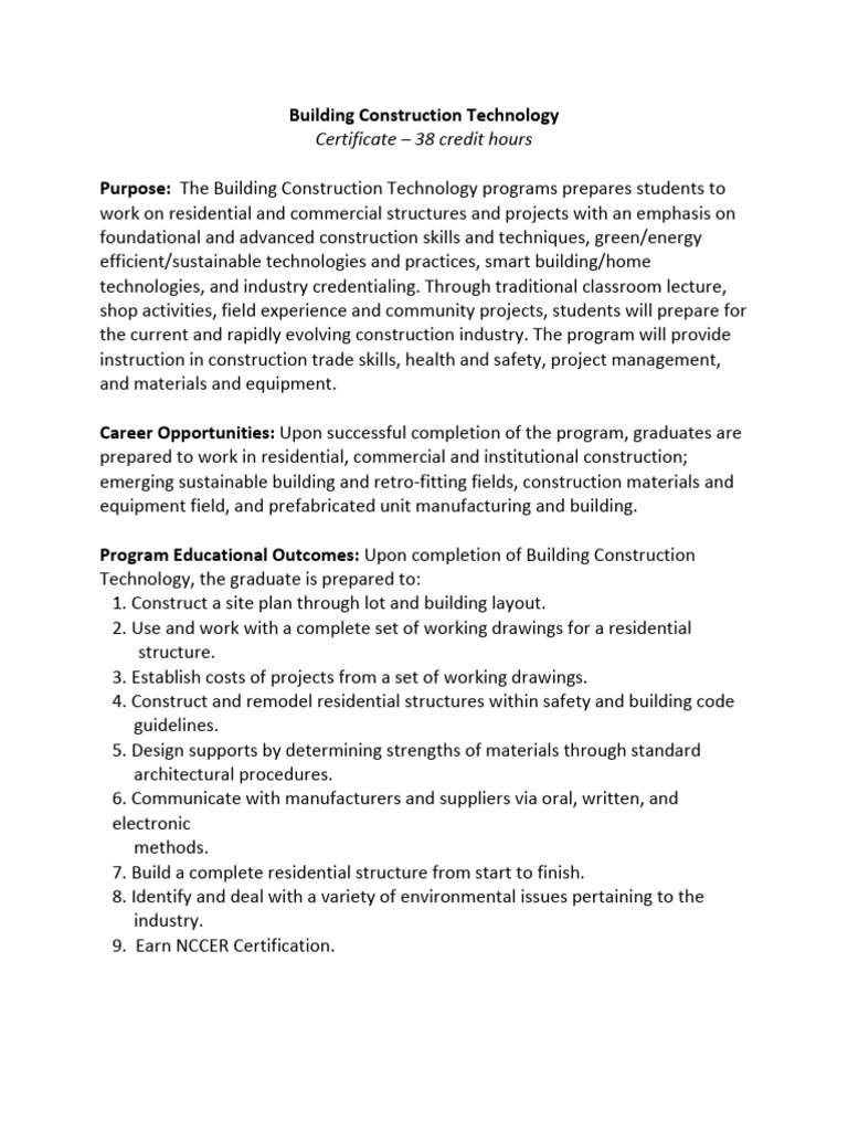 Building Construction Technology Program | PDF | Course Credit | Curriculum