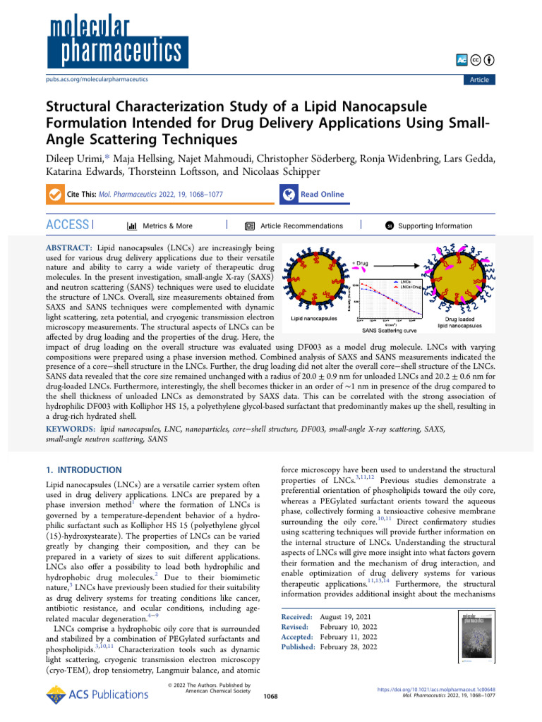 Structural Characterization Study of A Lipid Nanocapsule Formulation ...