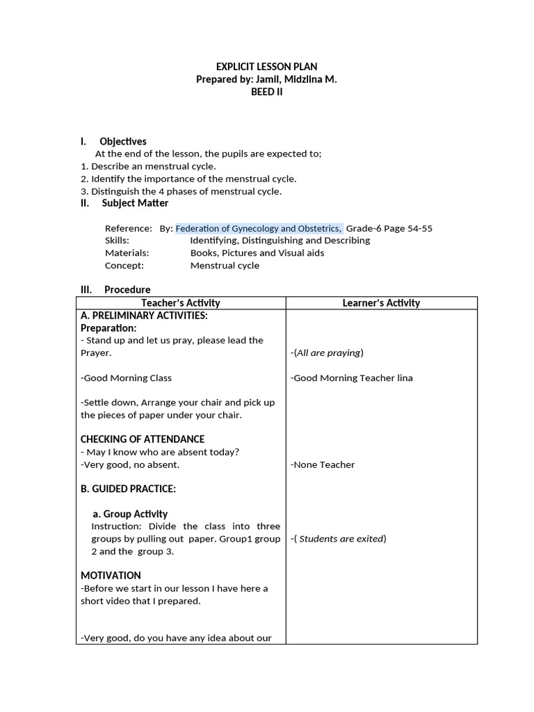 Explicit Lesson Plan - Docx Cze | PDF | Menstrual Cycle | Medical ...