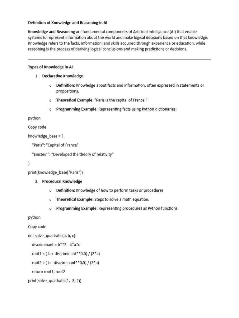Definition of Knowledge and Reasoning in AI | PDF | Inference | Artificial Intelligence