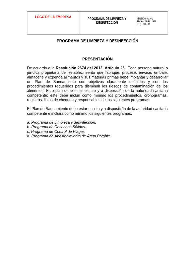 PROGRAMA DE LIMPIEZA Y DESINFECCIÓN | PDF | Agua | Tensioactivo