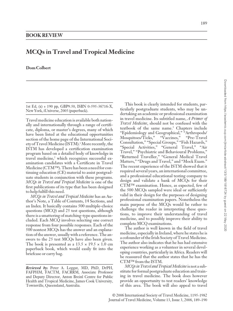 MCQs in Travel and Tropical Medicine | PDF | Multiple Choice | Health Care