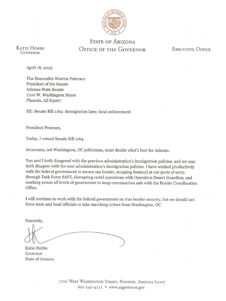 Katie Hobbs Veto Letter For Senate Bill 1164 | PDF