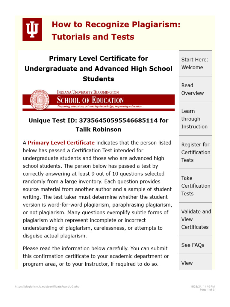 Certificate Award For Undergraduates - How To Recognize Plagiarism ...