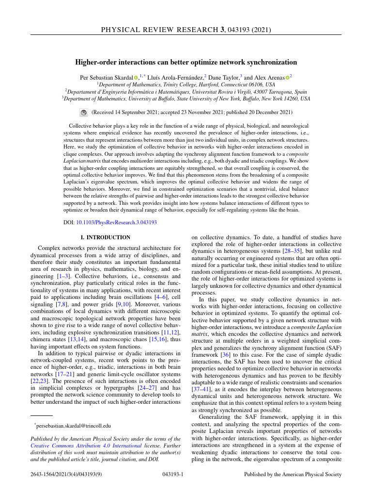 Higher-Order Interaction Can Better Optimize Network Synchronization (PRR, 2021) | PDF ...