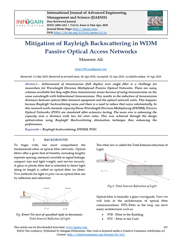 Mitigation of Rayleigh Backscattering in WDM Passive Optical Access Networks | PDF | Wavelength ...