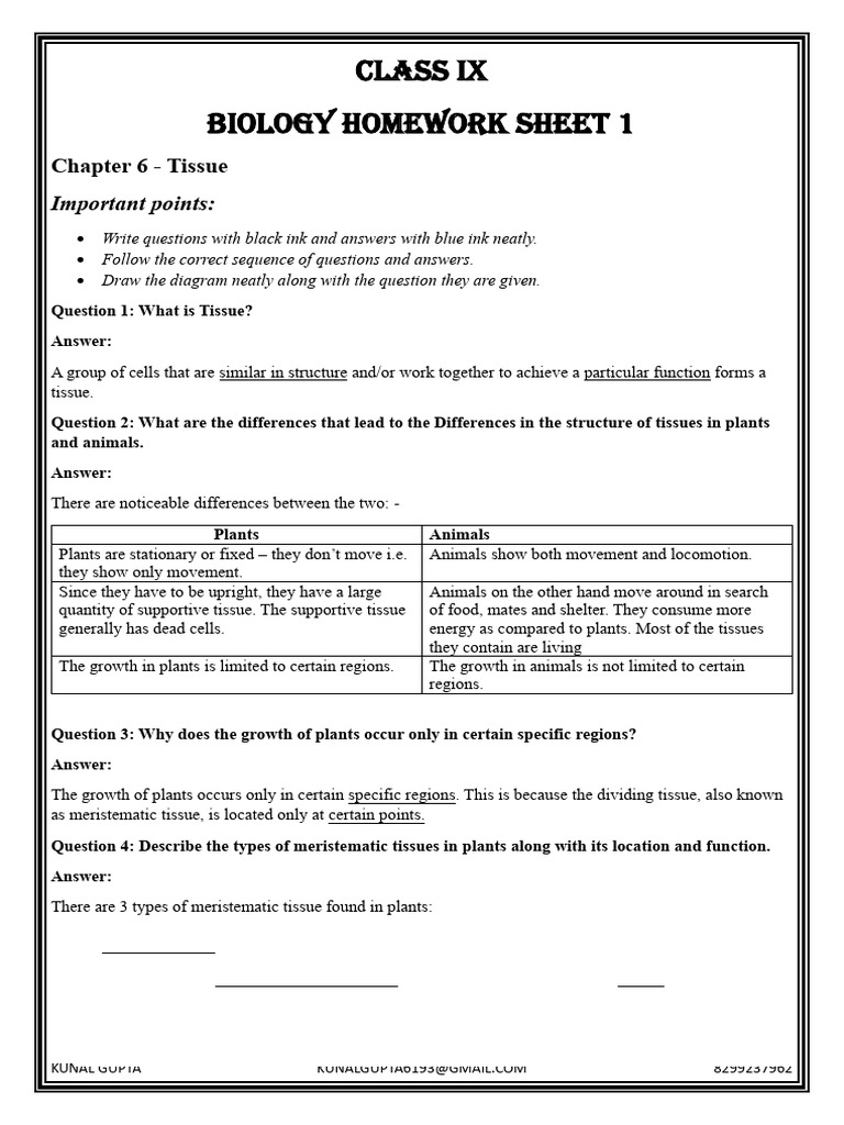 CLASS IX BIOLOGY Chapter 6 - Tissue - HOMEWORK SHEET 1 | PDF | Tissue ...
