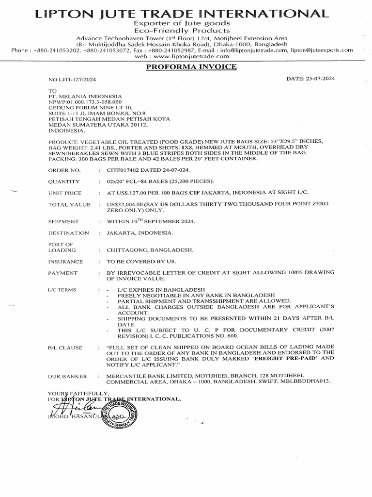 Proforma Invoice For Cover Note | PDF