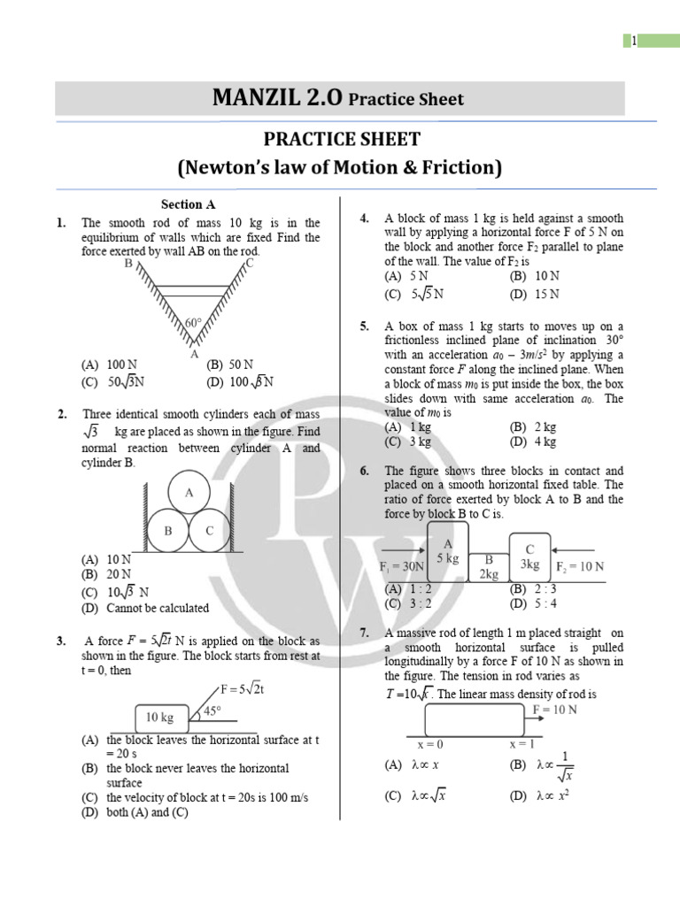 Newton' S Law of Motion & Friction - Practice Sheet | PDF | Force | Mass