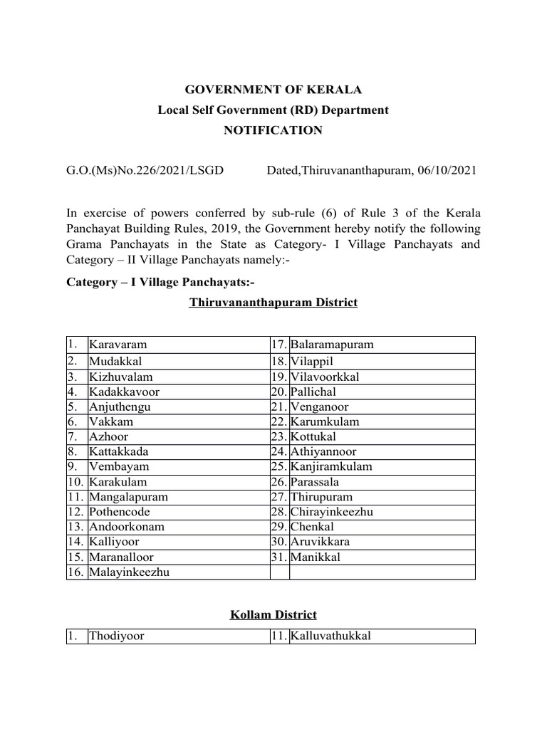 Notification of Panchat Cat 1 and 2 GO 226-2021 | PDF | Politics Of India | Kerala