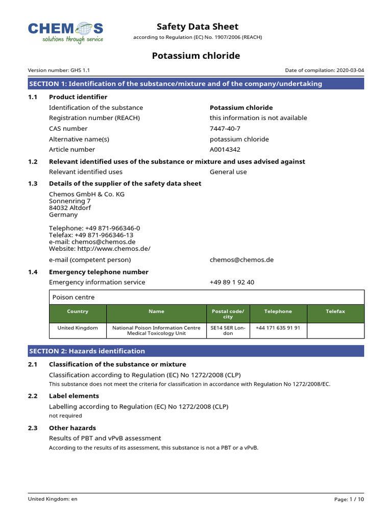 Potassium Chloride Safety Data Sheet | PDF | Dangerous Goods | Toxicity