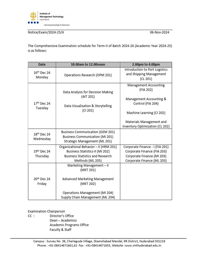 Term-II Comprehensive Examination Schedule (2024-26) | PDF | Business ...