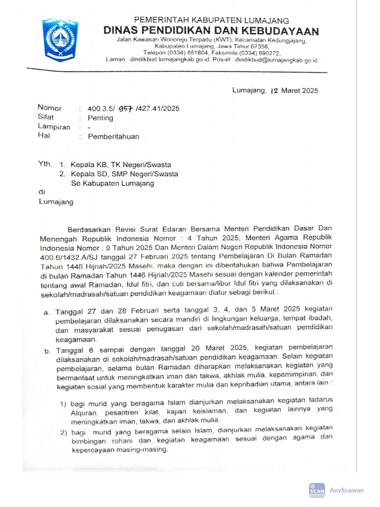 Surat Pemberitahuan Revisi Tentang Pembelajaran Di Bulan Ramadhan | PDF