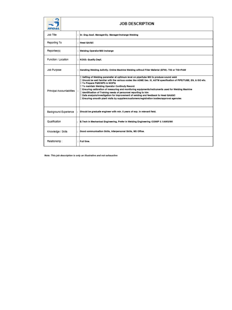 Welding Engineer Job Description | PDF