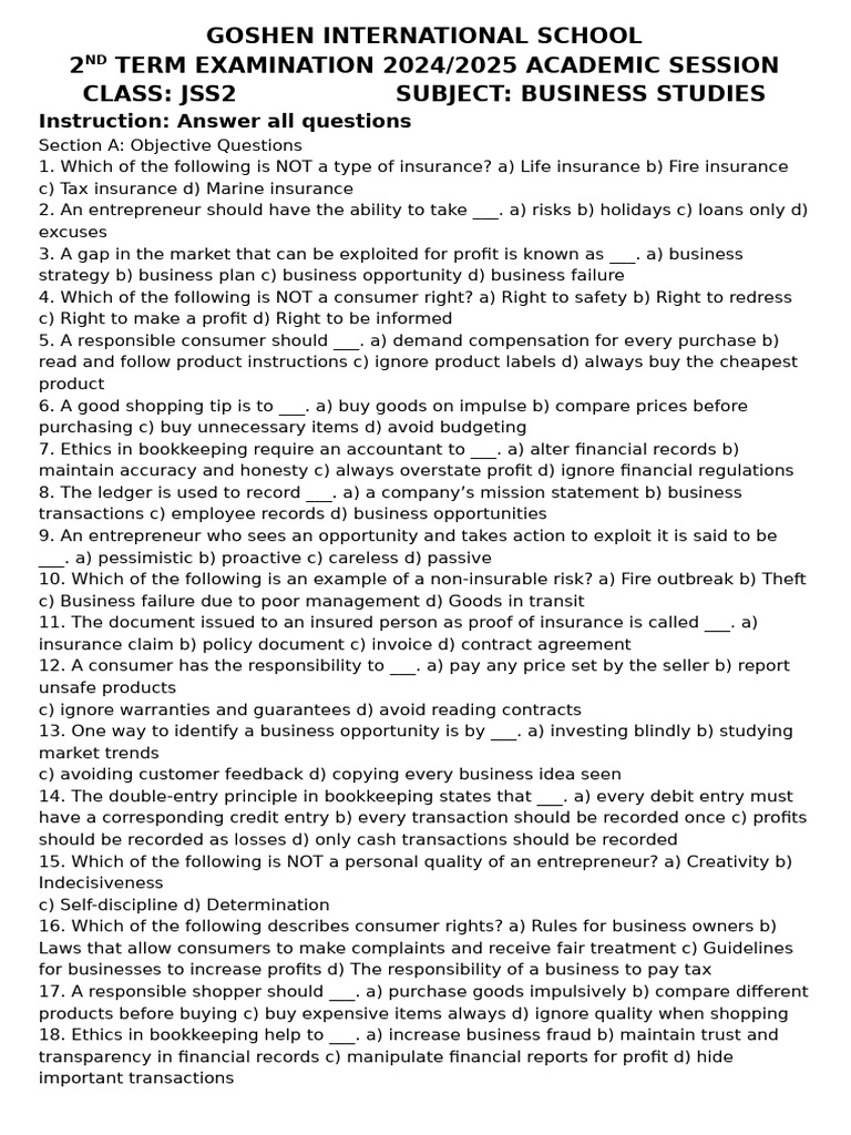 Goshen International School Business Studies JSS2 | PDF | Business | Economies