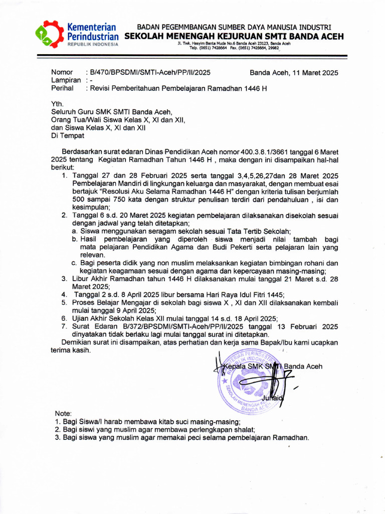 470 11032025 - Revisi Pemberitahuan Pembelajaran Ramadhan 1446 H | PDF