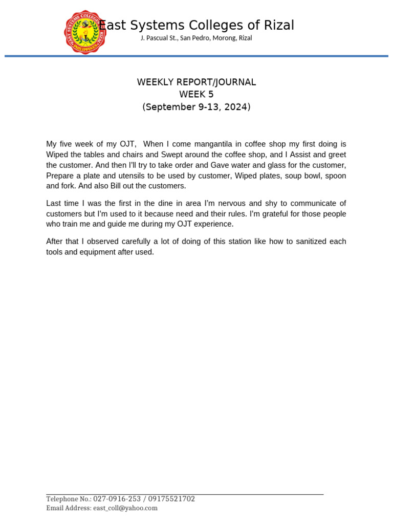 OJT Weekly Journal: Coffee Shop Experience | PDF