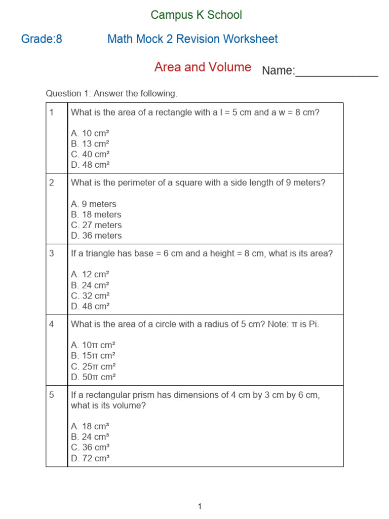 Math Area and Volume Practice Questions | PDF | Area | Euclidean Geometry