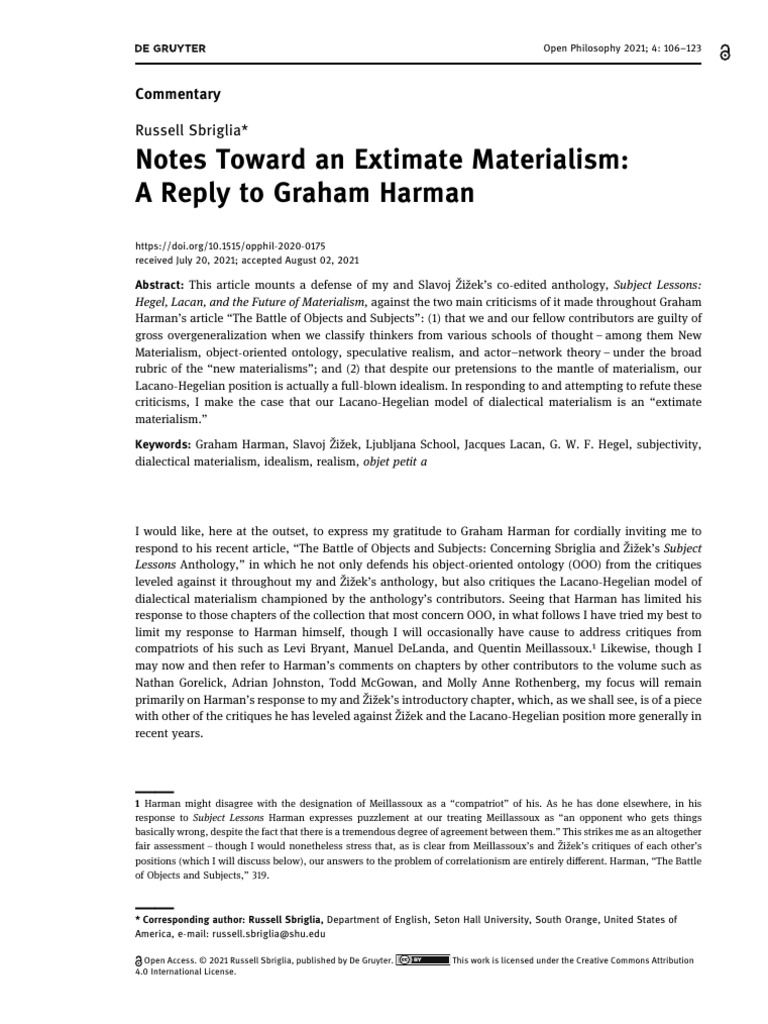 Extimate Materialism: A Response to Harman | PDF | Materialism | Dialectic