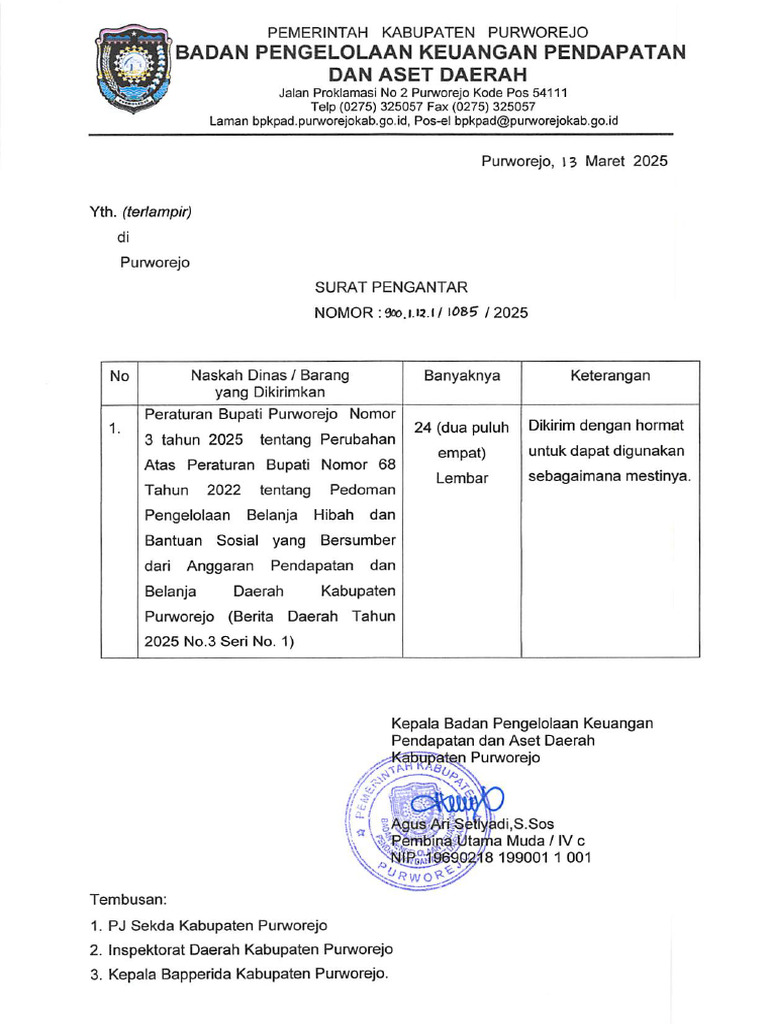 Perbup No 3 Tahun 2025 Perubahan Perbup 68 Tahun 2022 Tentang Hibah Bansos | PDF