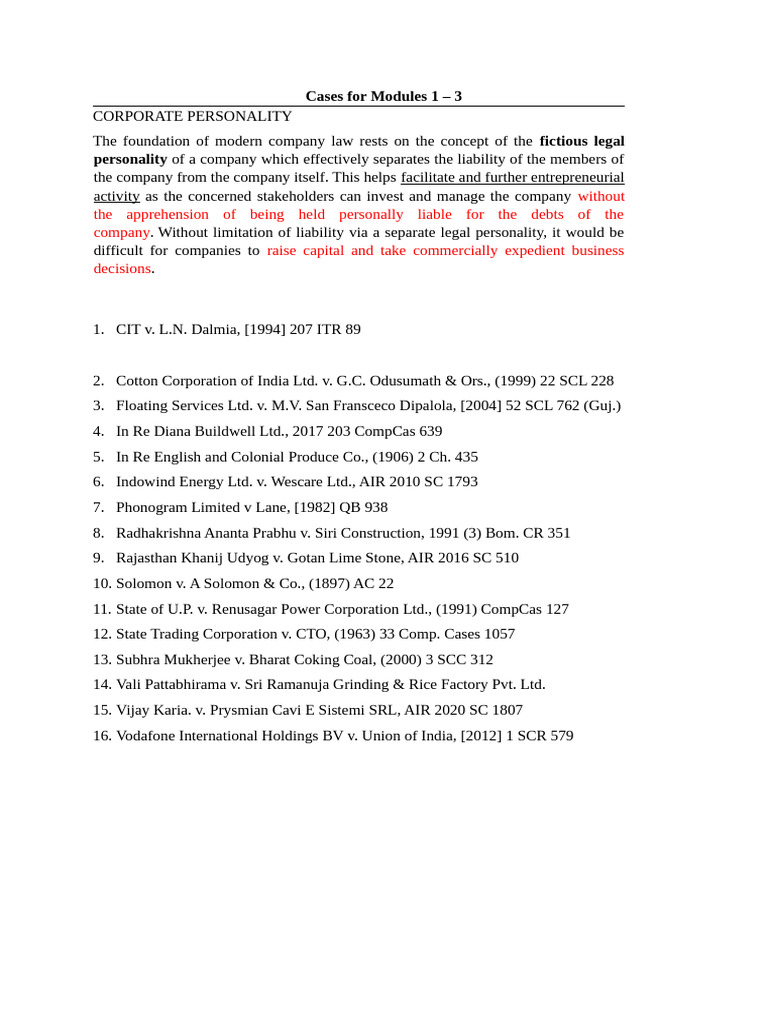 Corporate Personality in Company Law Cases | PDF