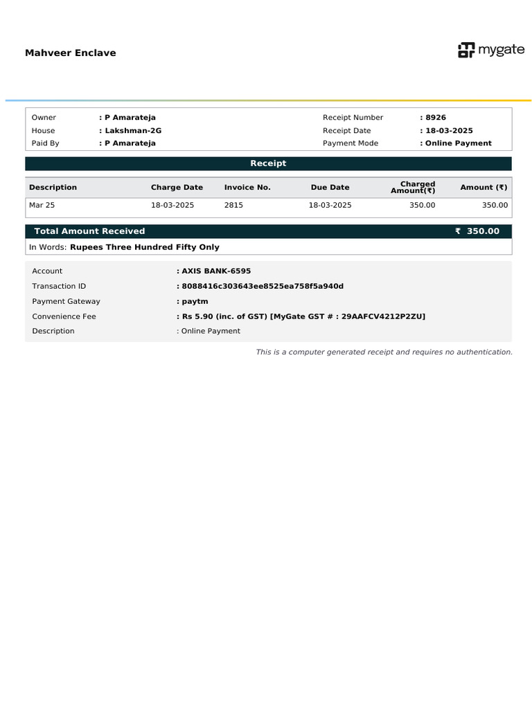 Mahveer Enclave Online Payment Receipt | PDF