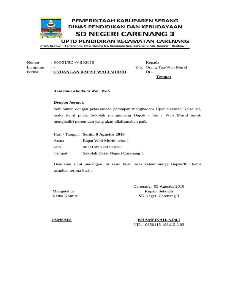 Surat - Undangan - Untuk - Wali - Murid Kelas 1 SD | PDF