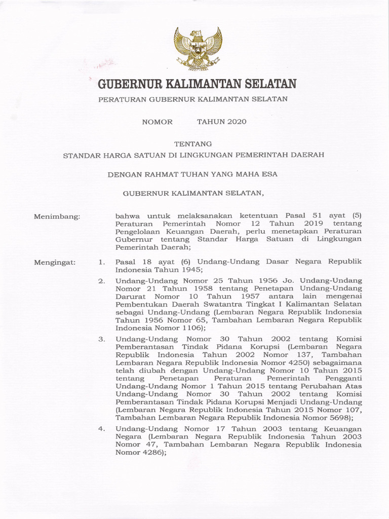 Pergub Ssh Prov. Kalsel Tahun 2020 | PDF