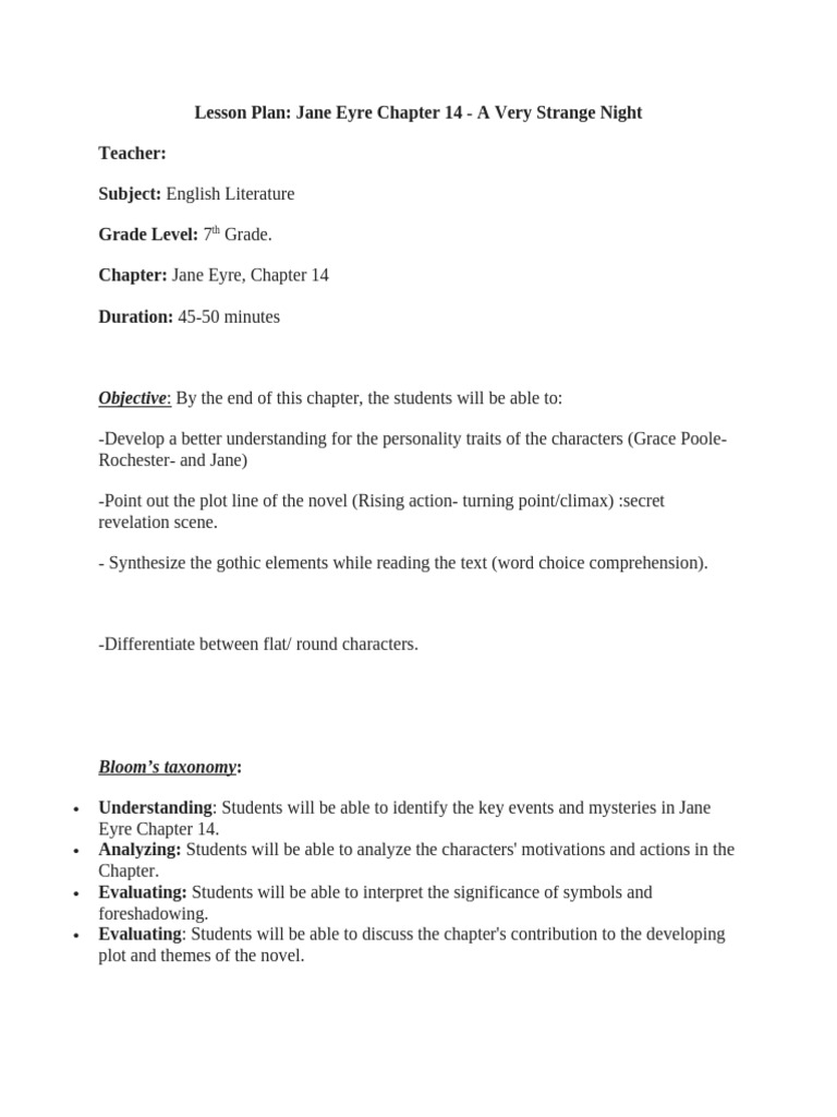 Lesson Plan Jane Eyre Chapter 14 | PDF | Jane Eyre | Lesson Plan