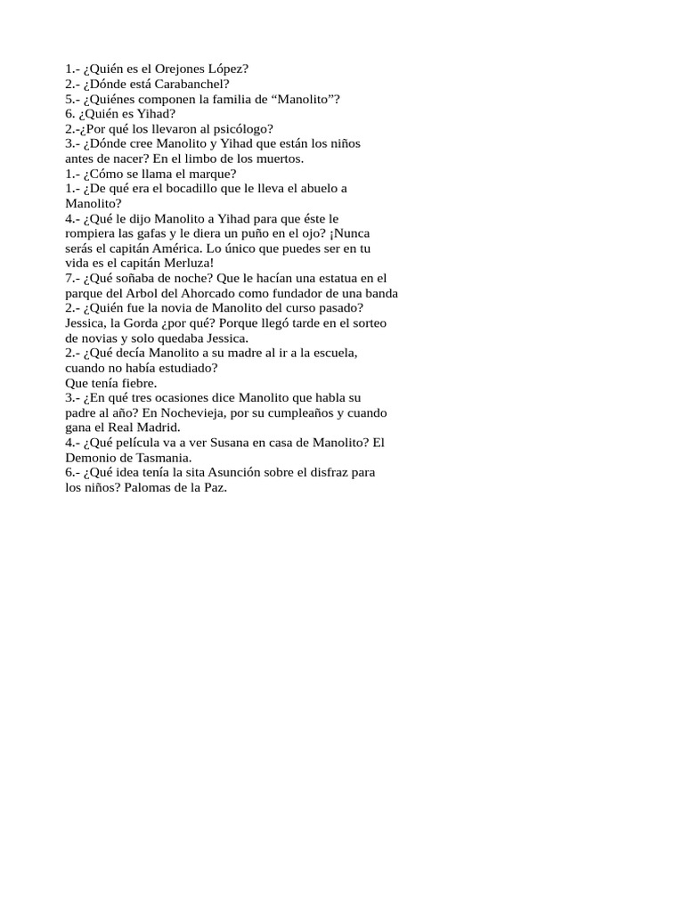 Control de Lectura Manolito Gafotas | PDF