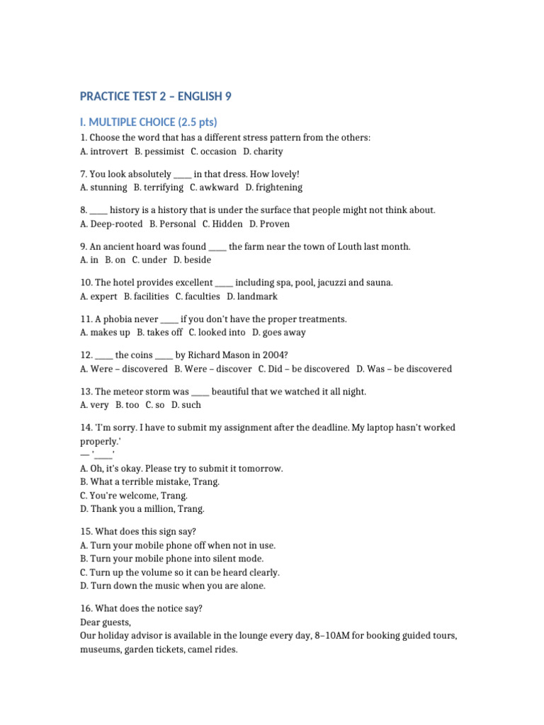 Practice Test 2 Partial English 9 | PDF