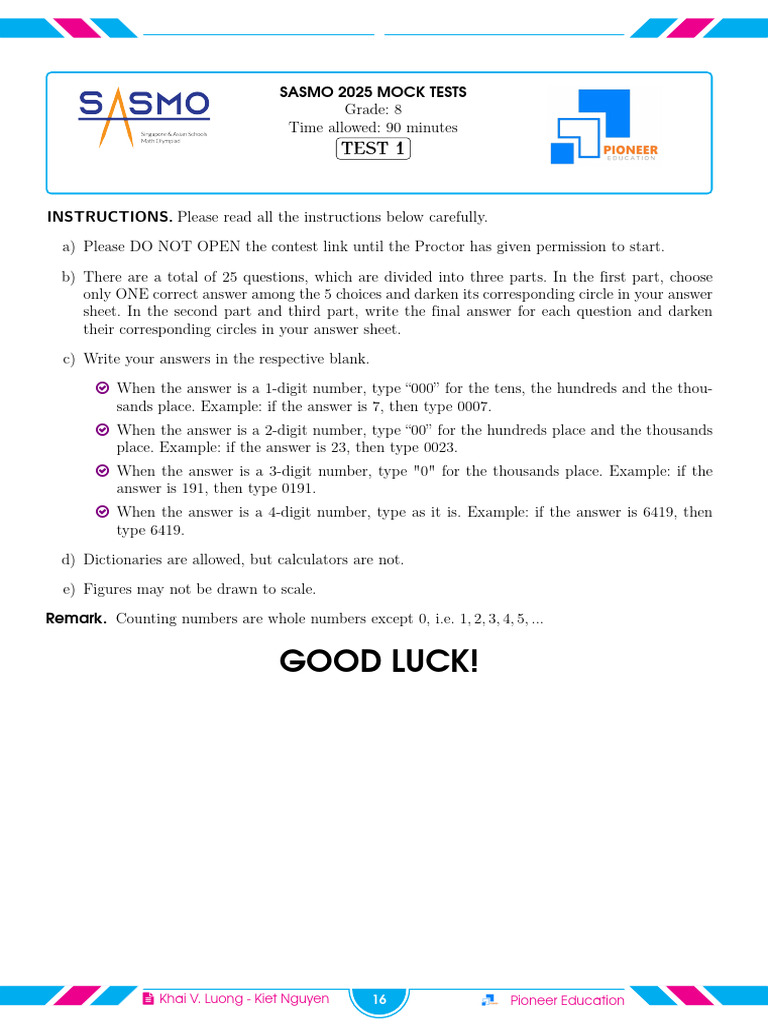 SASMO Mock Tests - Grade 8 | PDF | Area | Speed