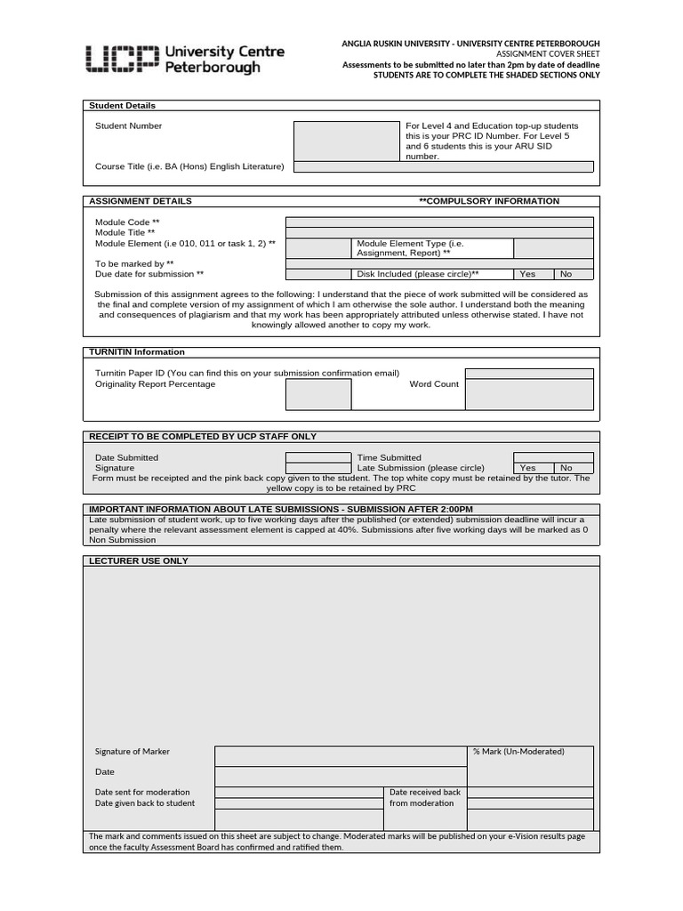 UCP Electronic Assignment Cover Sheet 2019-20 (MS Word Version) | PDF ...