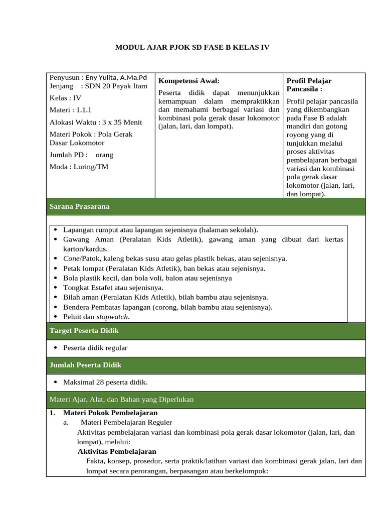 MODUL AJAR PJOK SD FASE B KELAS IV Eny | PDF