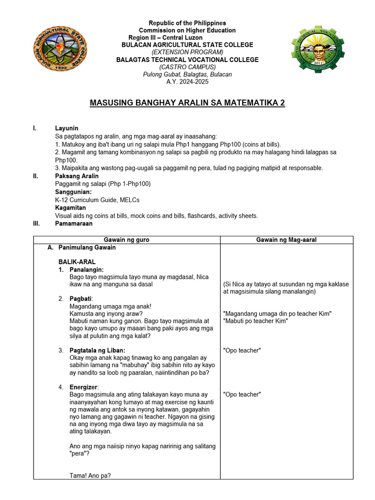 MASUSING BANGHAY ARALIN SA MATEMATIKA KIM | PDF