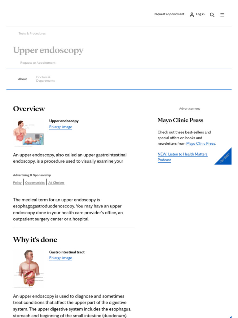 Upper Endoscopy - Mayo Clinic | PDF | Endoscopy | Gastrointestinal Tract